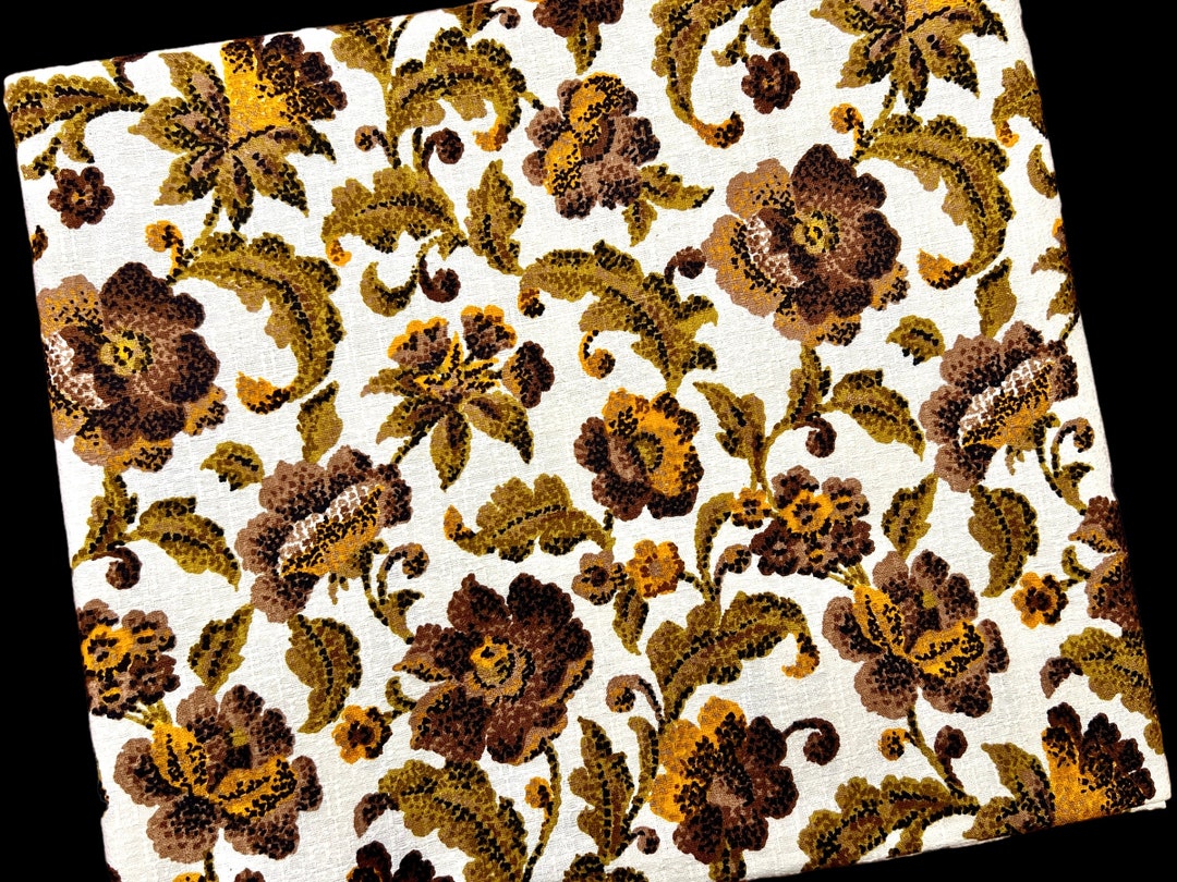 Vintage Fabric, 1970's Floral Pattern, Earth Tone Slub Texture Cotton ...