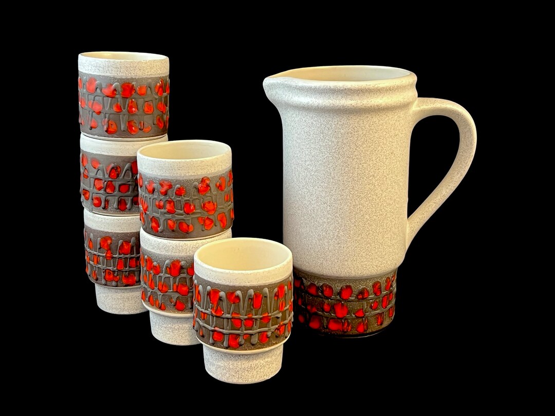 Vintage German Pottery Pitcher and Cups, Mid Century Modern Ceramic ...
