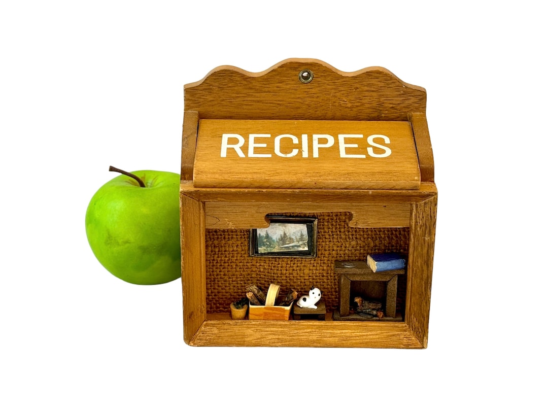 Vintage Recipes Box, 3D Diorama, Cozy Cat, Wood Recipe Card File ...