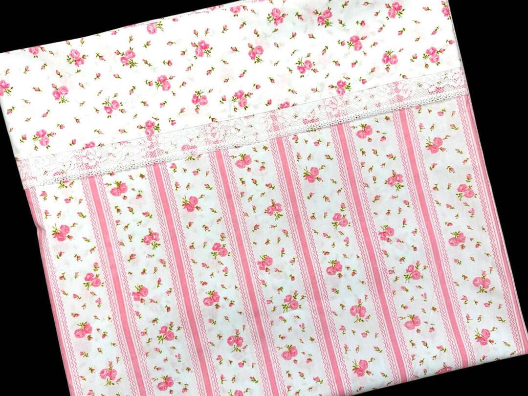 Vintage Bed Sheet, Full Flat, Pink Floral Stripe, Roses, Lace Hem ...