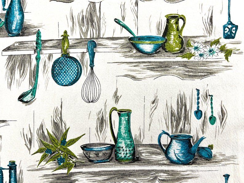 Vintage Fabric, Cooking and Kitchen Theme, Rolling Pin, Blue Tones, Mid ...