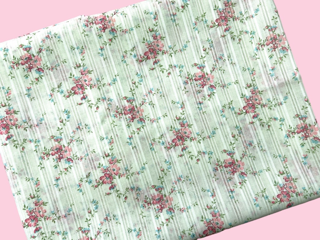 Vintage Dimity Fabric, Pastel Green With Pink Flowers, Floral Print ...