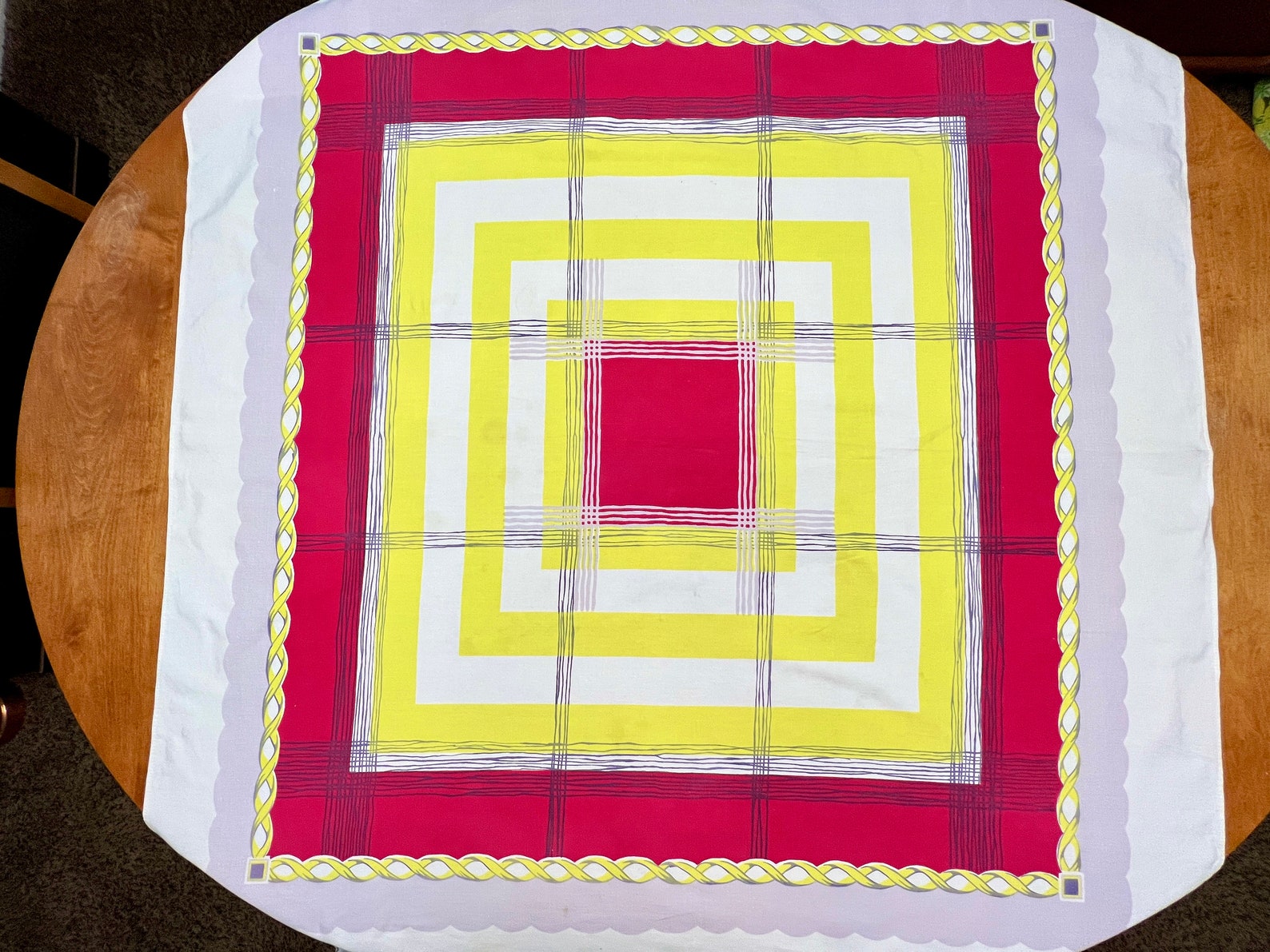 Vintage Tablecloth, Geometric Square Design, Vibrant Colors, Chartreuse ...
