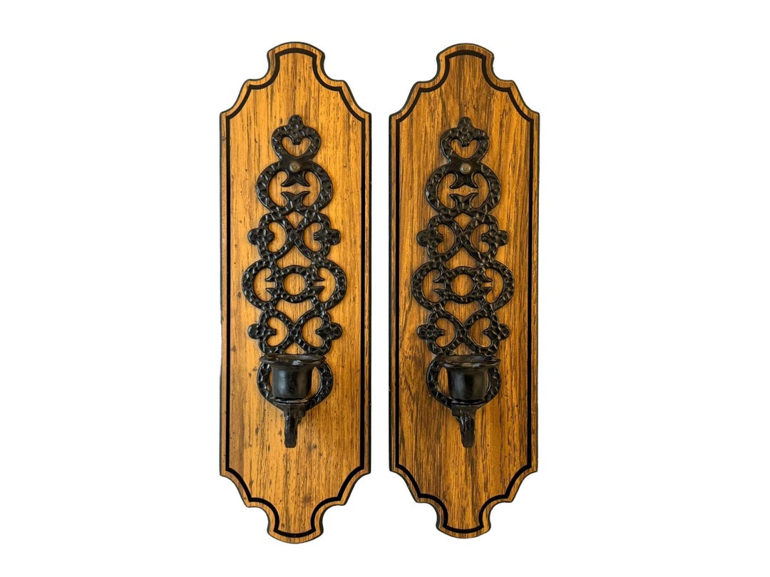 Vintage Wall Sconces, Faux Wood and Black Plastic Taper Candle Holders ...