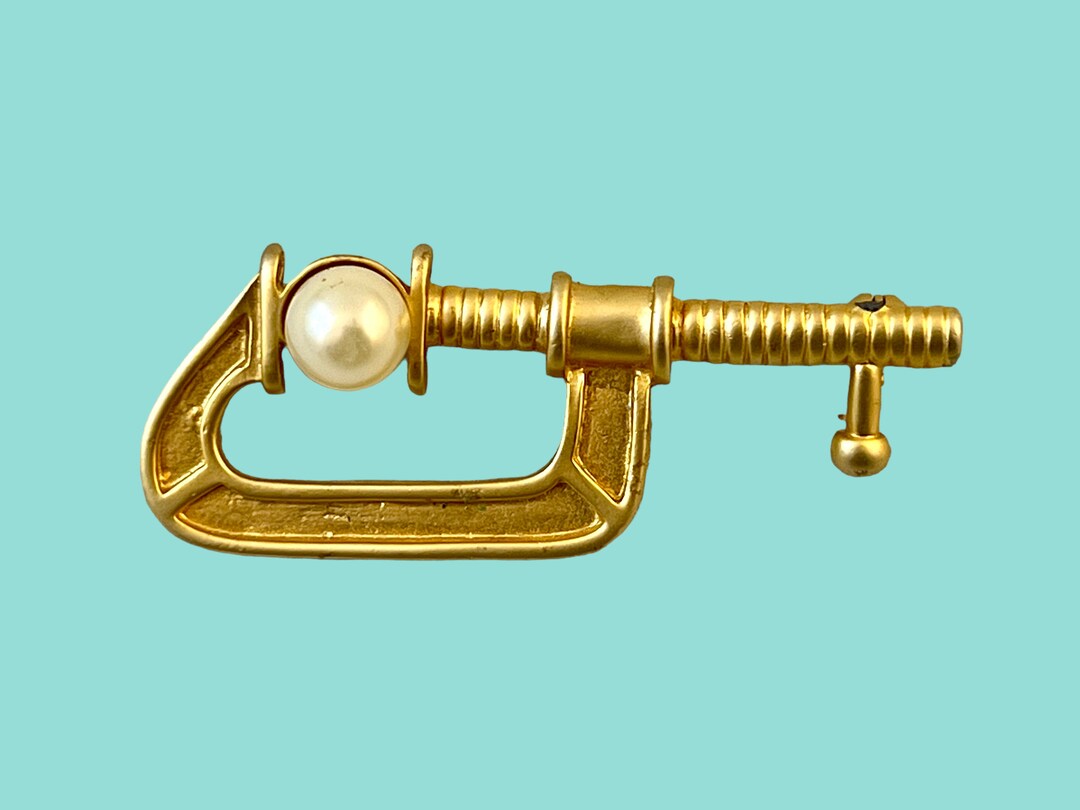 Vintage Faux Pearl in C Clamp Brooch, Gold Tone Vice Grip Pin, Unusual ...
