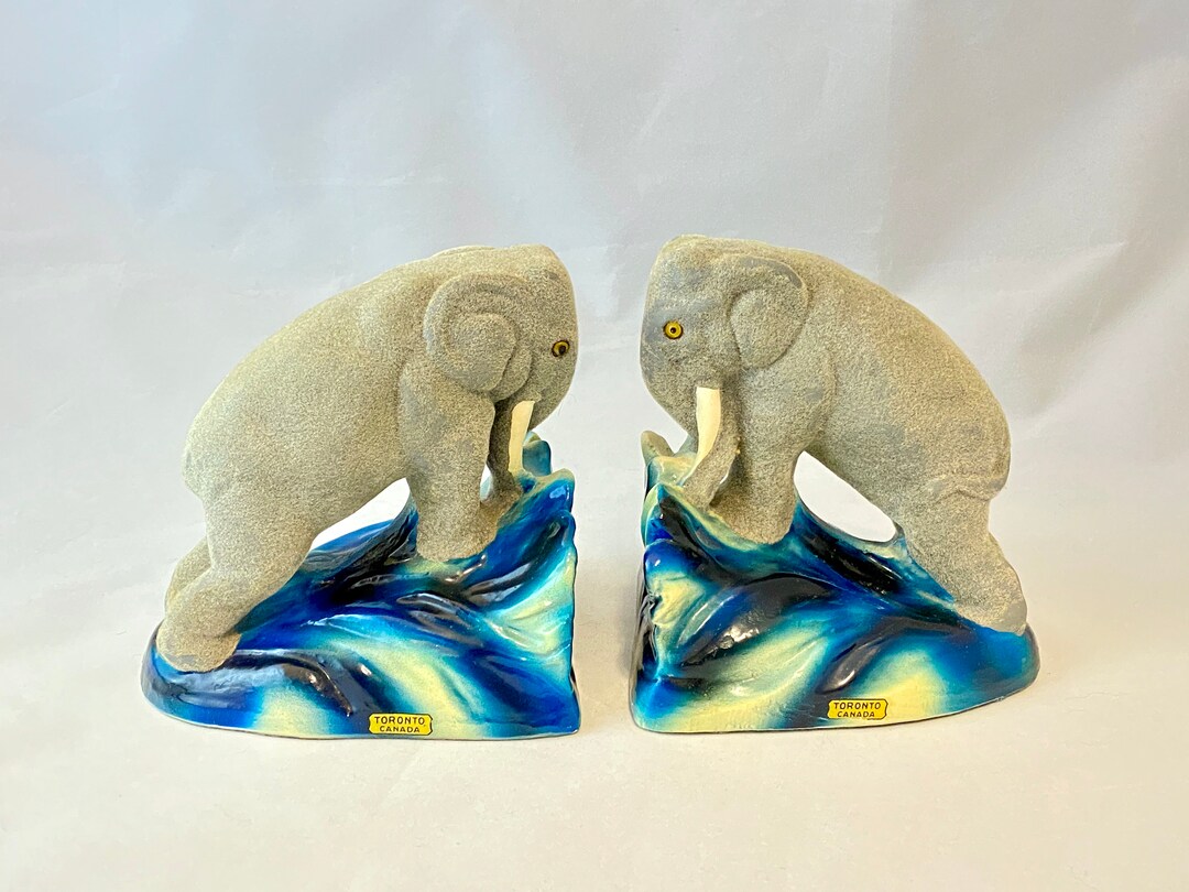 Vintage Flocked Elephant Bookends, Fuzzy Chalkware Plaster Souvenir ...