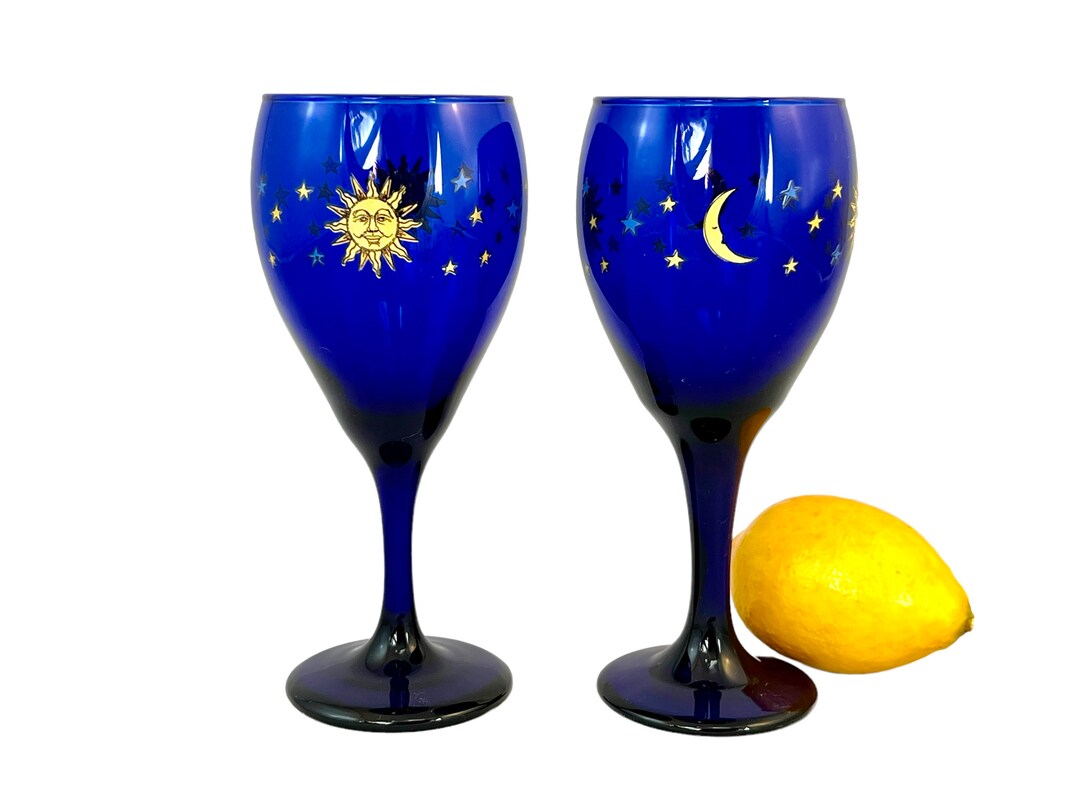 Vintage Celestial Wine Glasses, Libbey Cobalt Blue Sun Moon Stars ...