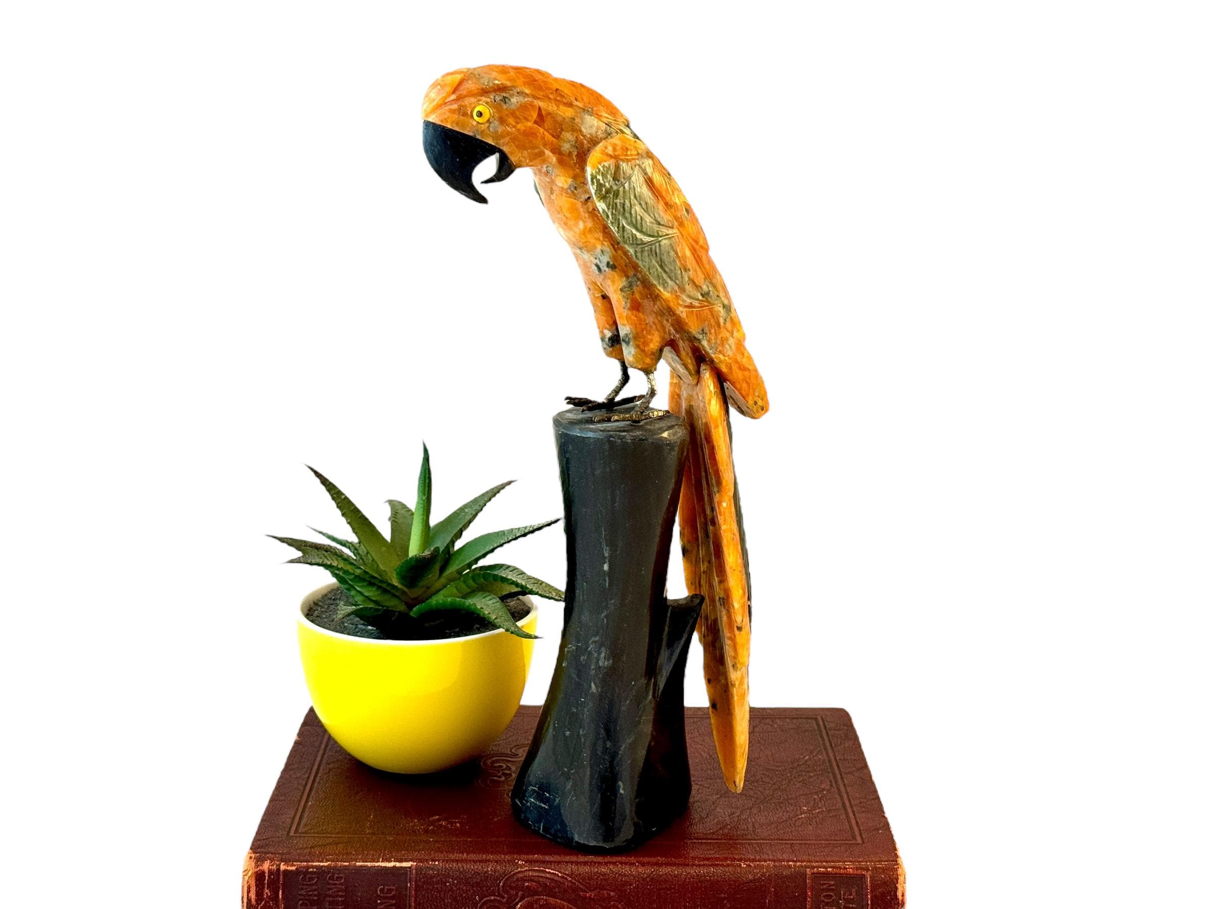 Vintage Stone Parrot Statue, Carved Red Jasper and Onyx, Semiprecious ...