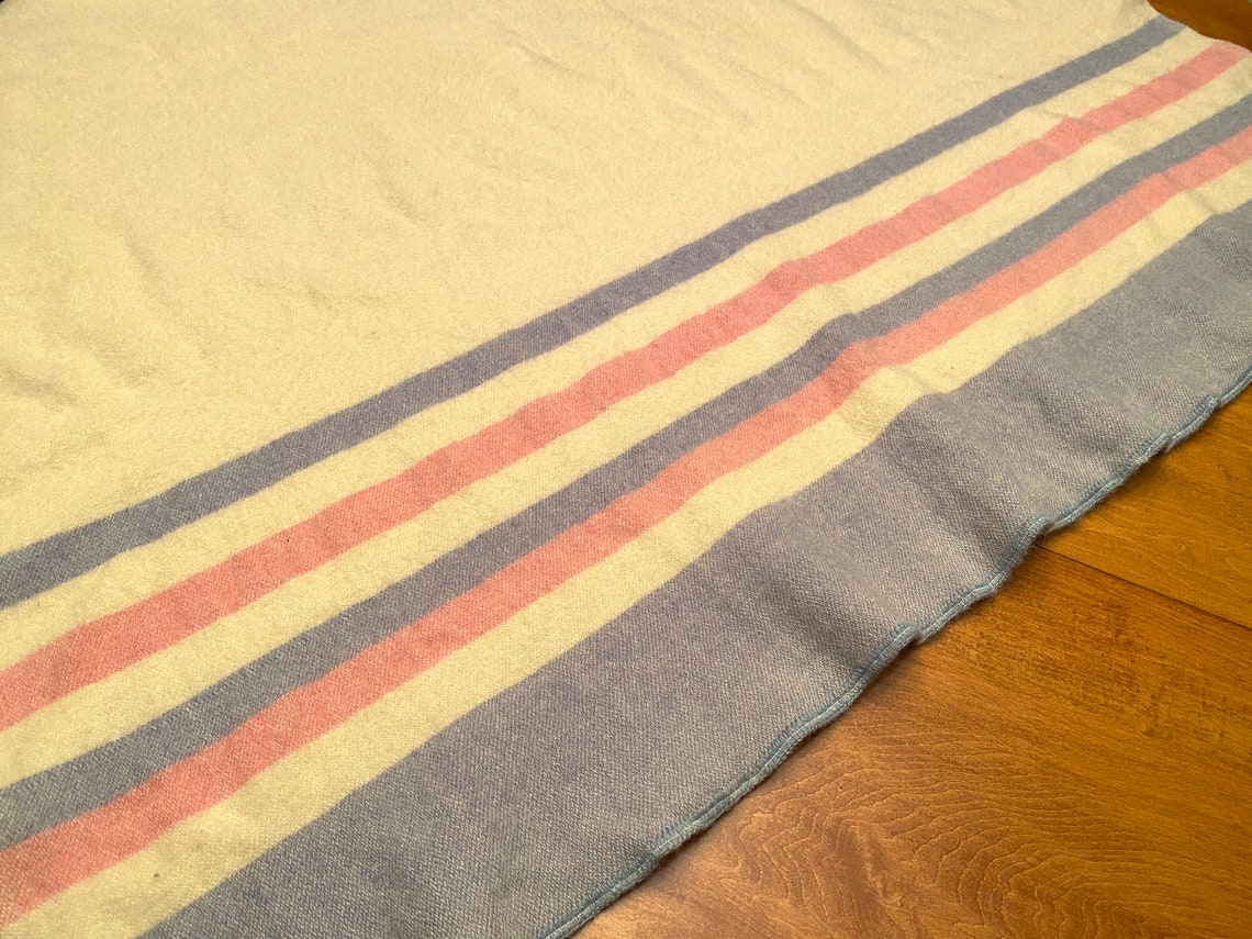 Vintage Blanket, Wool, Cream White With Pastel Pink, Blue Stripes, Mid ...