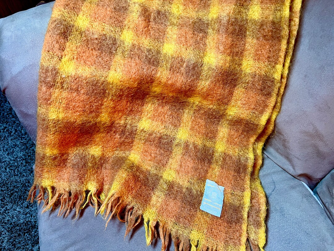 Vintage Mohair, Wool and Nylon Blanket, Hudson's Bay Warm Tone Plaid ...
