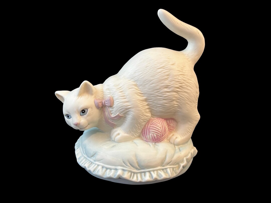 Vintage Lefton Cat Figurine, White Porcelain Bisque Kitty With String ...