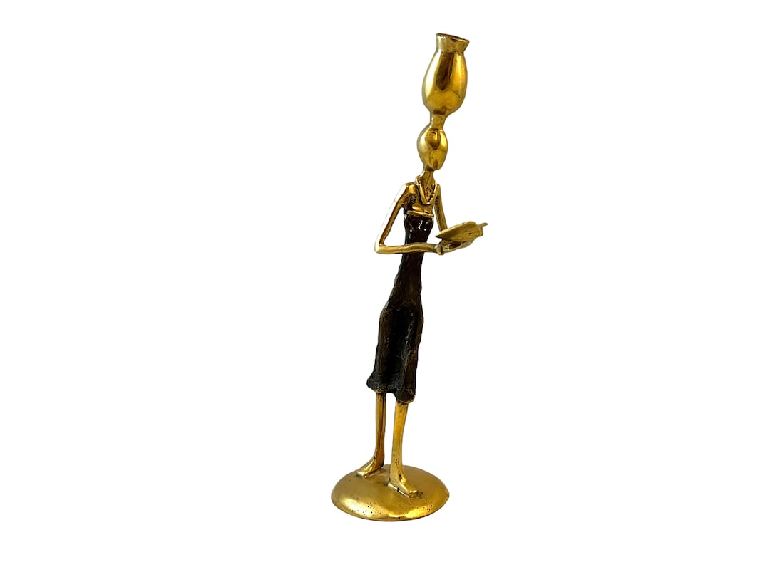 Vintage Brass African Woman Statue, Tribal Figure With Water Vase on ...