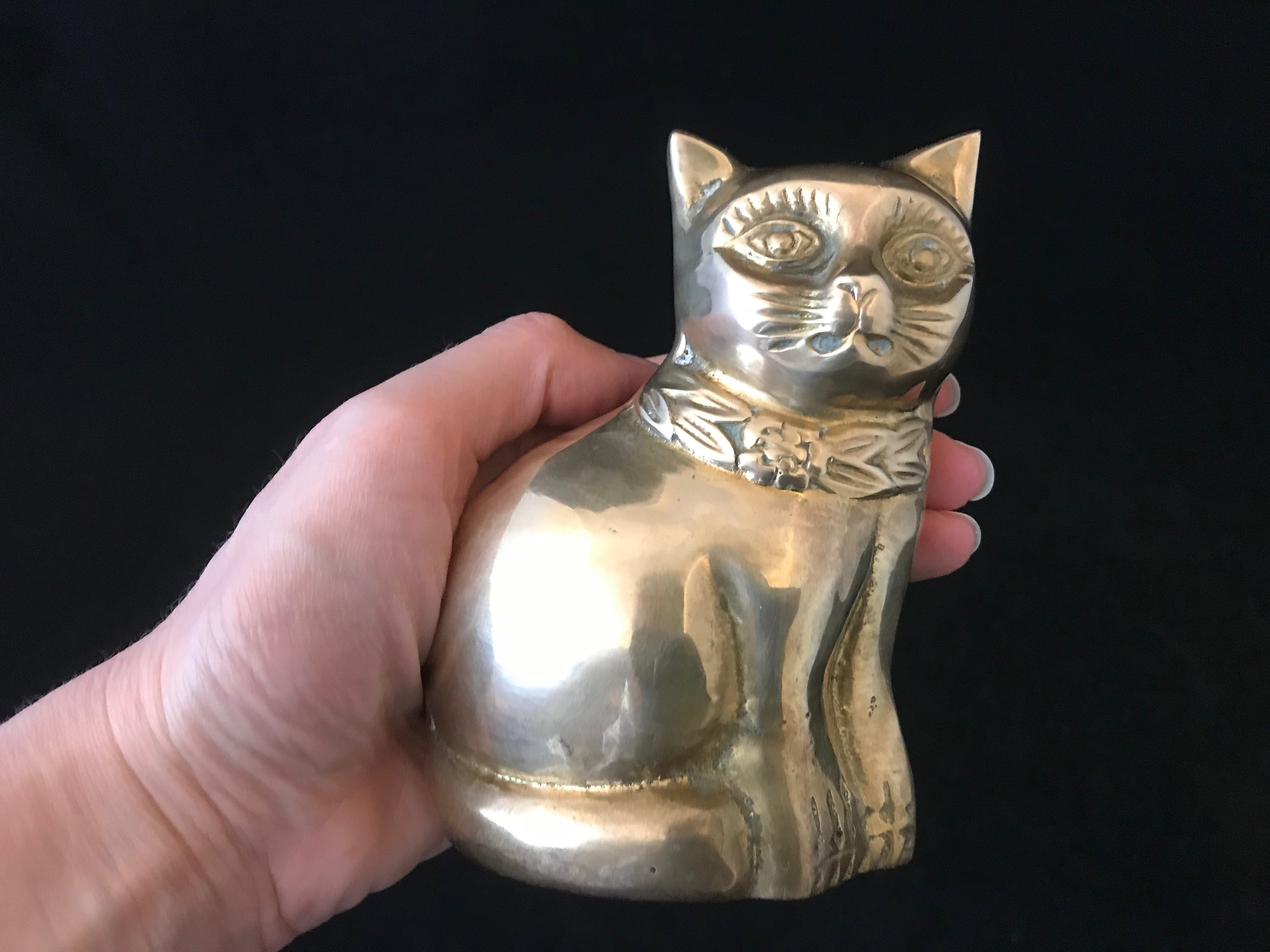 Vintage Brass Cat Figurine Kitten with Flower Wreath Boho | Etsy