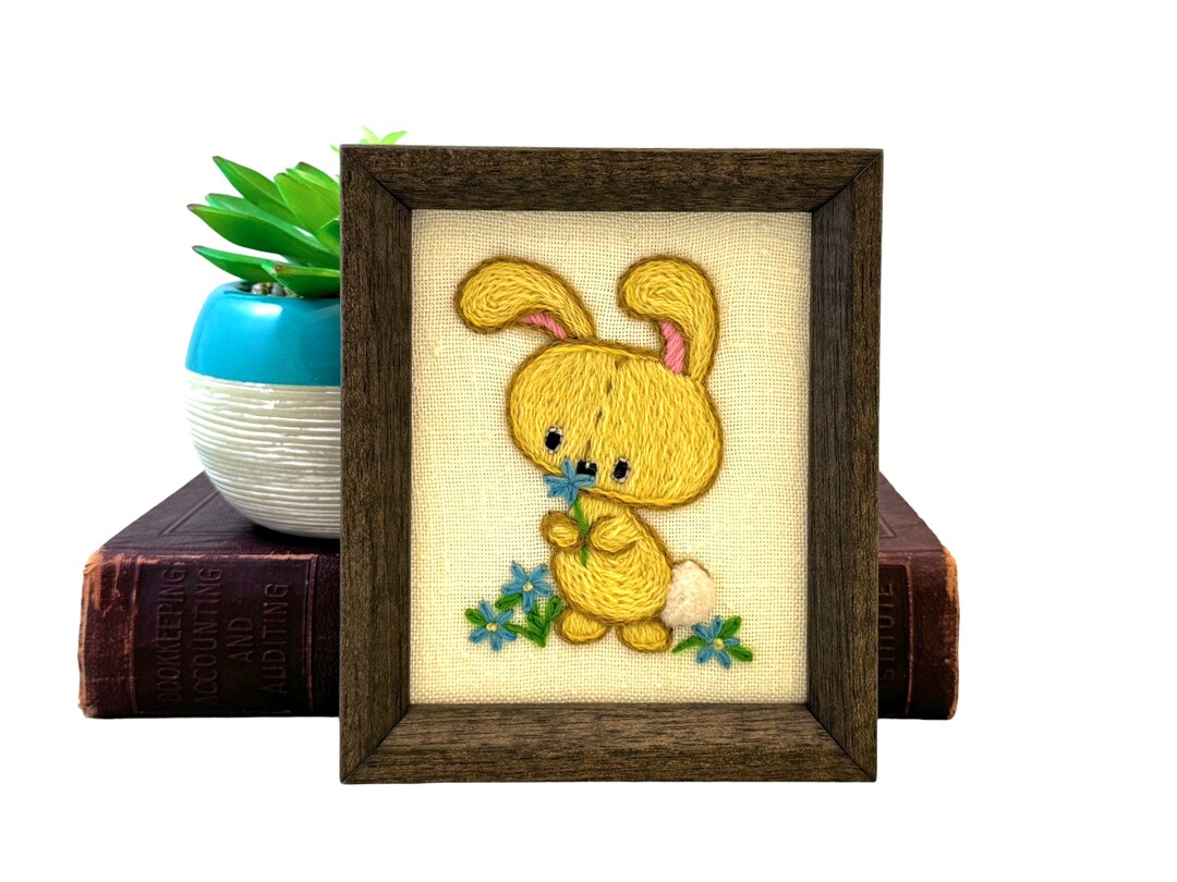 Vintage Bunny Crewel Picture, Yellow Rabbit, Small Finished Framed Wall ...