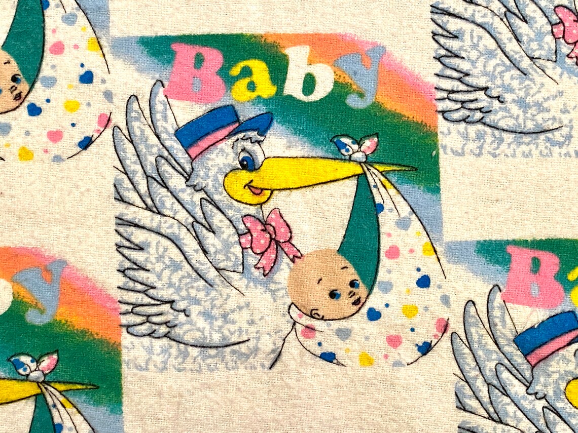 Vintage Flannel Fabric Stork With Baby Cute Anthropomorphic - Etsy