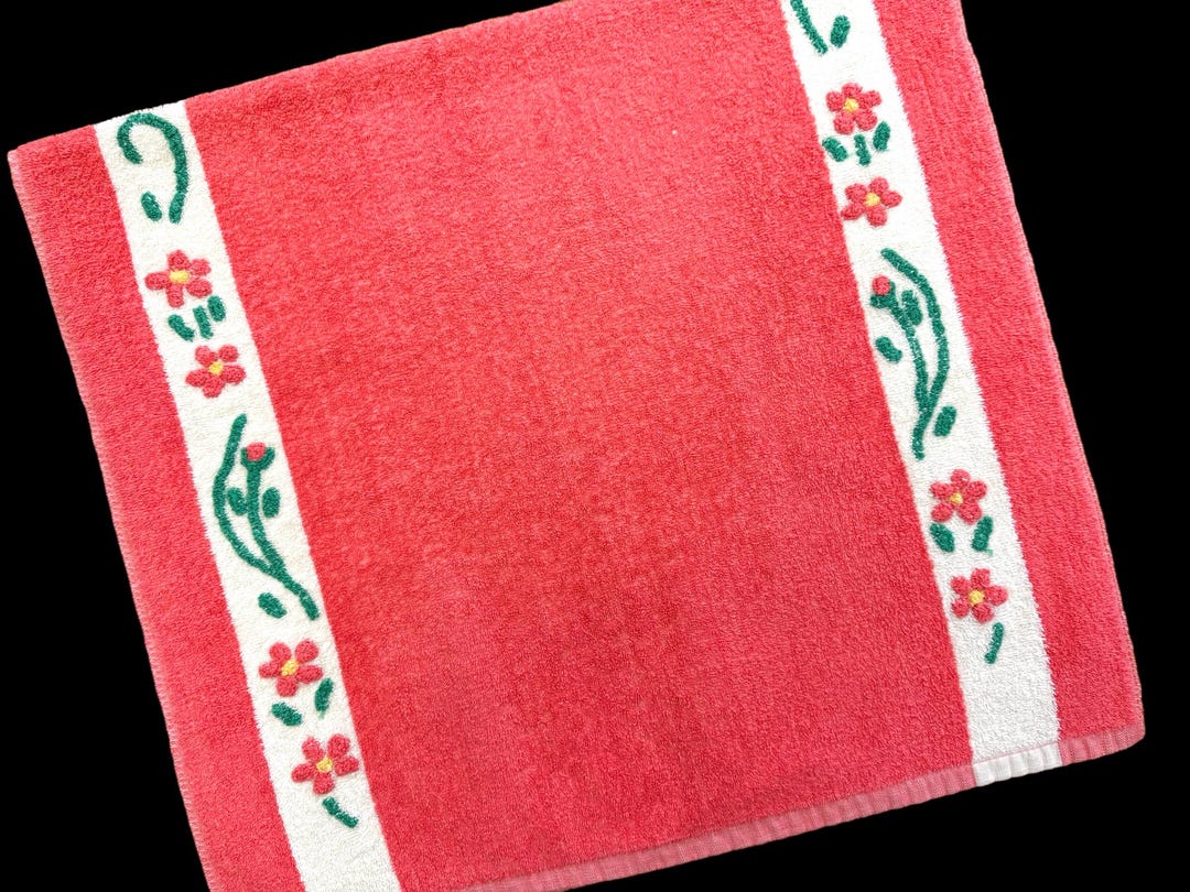 Vintage Towel, Bath Size, Floral Applique, Salmon Pink, White Stripes ...