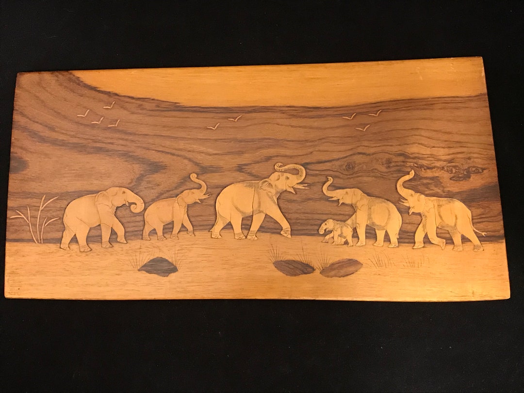 Vintage Elephant Wall Plaque, Inlaid Wood Boho Folk Art Decor, Wildlife ...