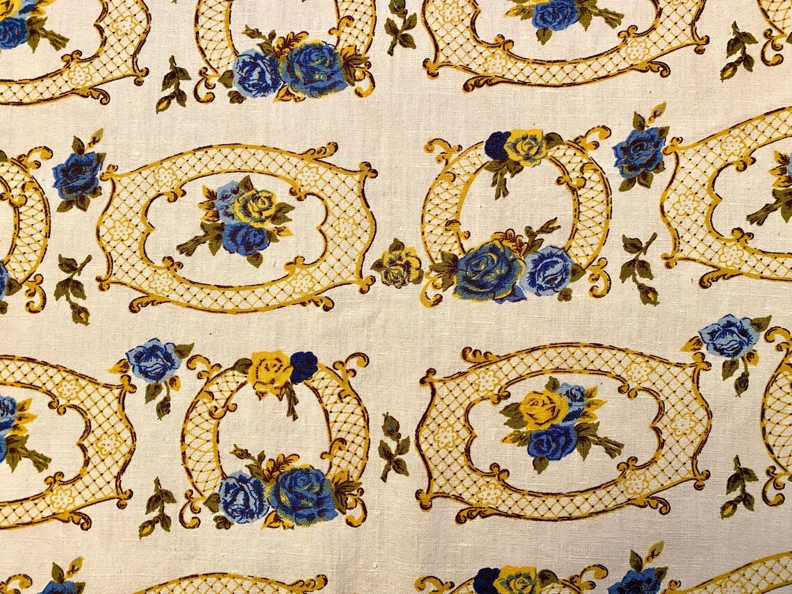 Vintage Tablecloth, Yellow and Blue Rose Floral Print, Roses, Flowers ...