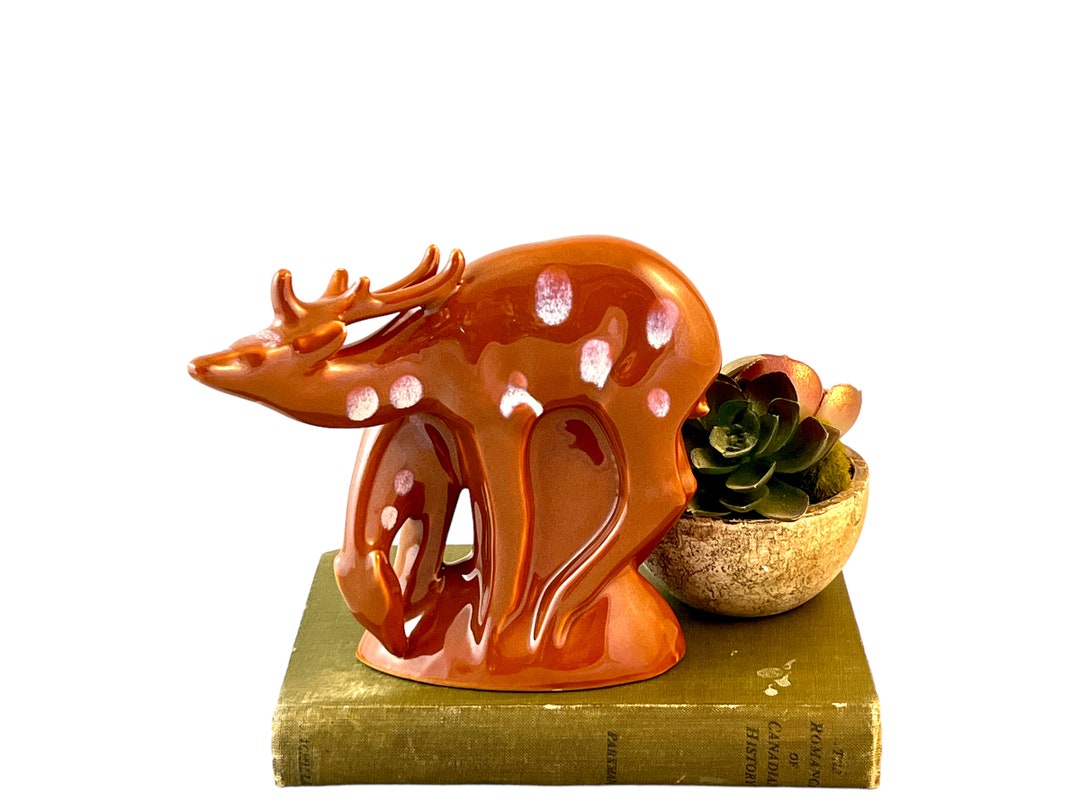 Vintage Deer Figurine, Stylized Buck and Doe Ceramic Statue, Brown Drip ...
