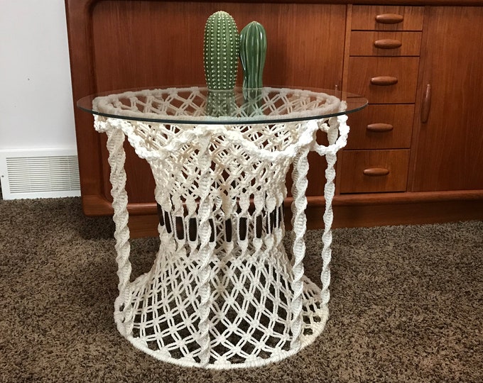 Vintage Macrame Table, Round Drum Style, Glass Top, Hippie Boho Decor ...