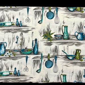 Vintage Fabric, Cooking and Kitchen Theme, Rolling Pin, Blue Tones, Mid ...