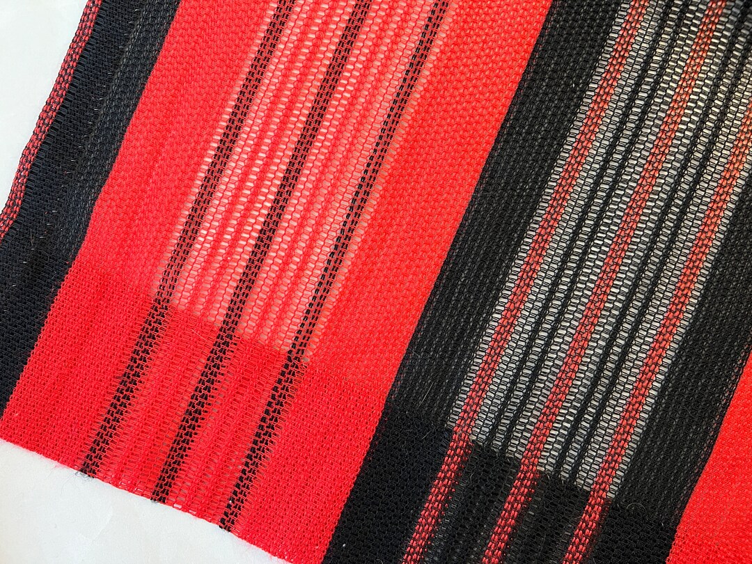 Vintage Lace Netting Curtain, Red Black Stripes, Sheer Polyester ...