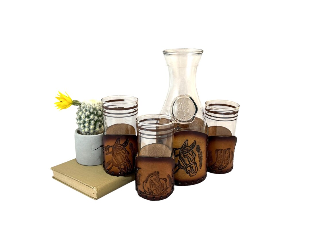 Vintage Western Barware Set, 3 Highball Glasses, Decanter, Tooled Leather Laced Surrounds ...