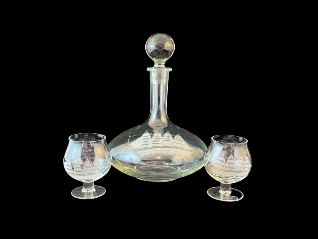 Vintage Ships Decanter, 2 Glasses, Etched Glass, Nautical Sailing Ship ...