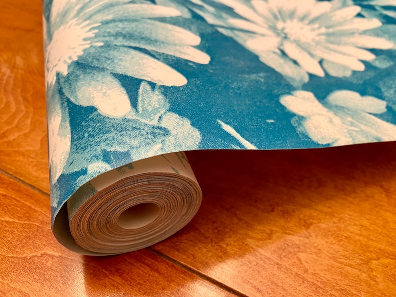 Vintage Wallpaper Blue Daisy Flowers Large Mod Flower Power - Etsy