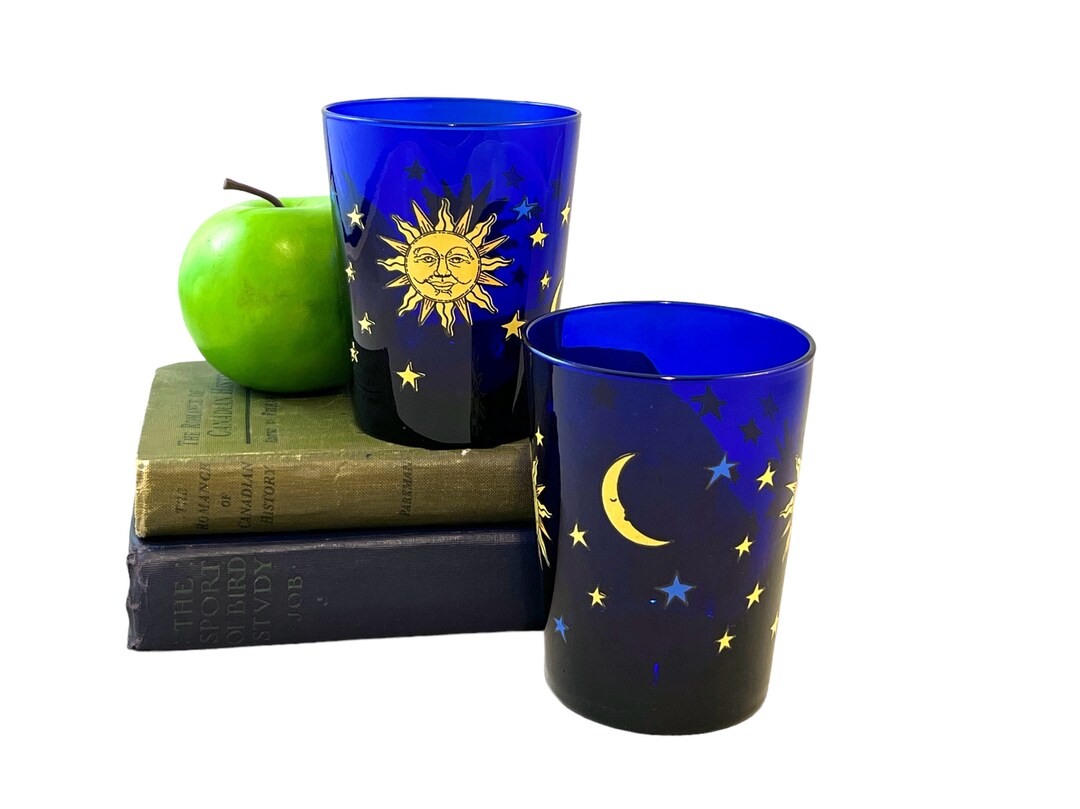 Vintage Celestial Tumbler Glasses, Pair of Libbey Cobalt Blue Sun Moon ...