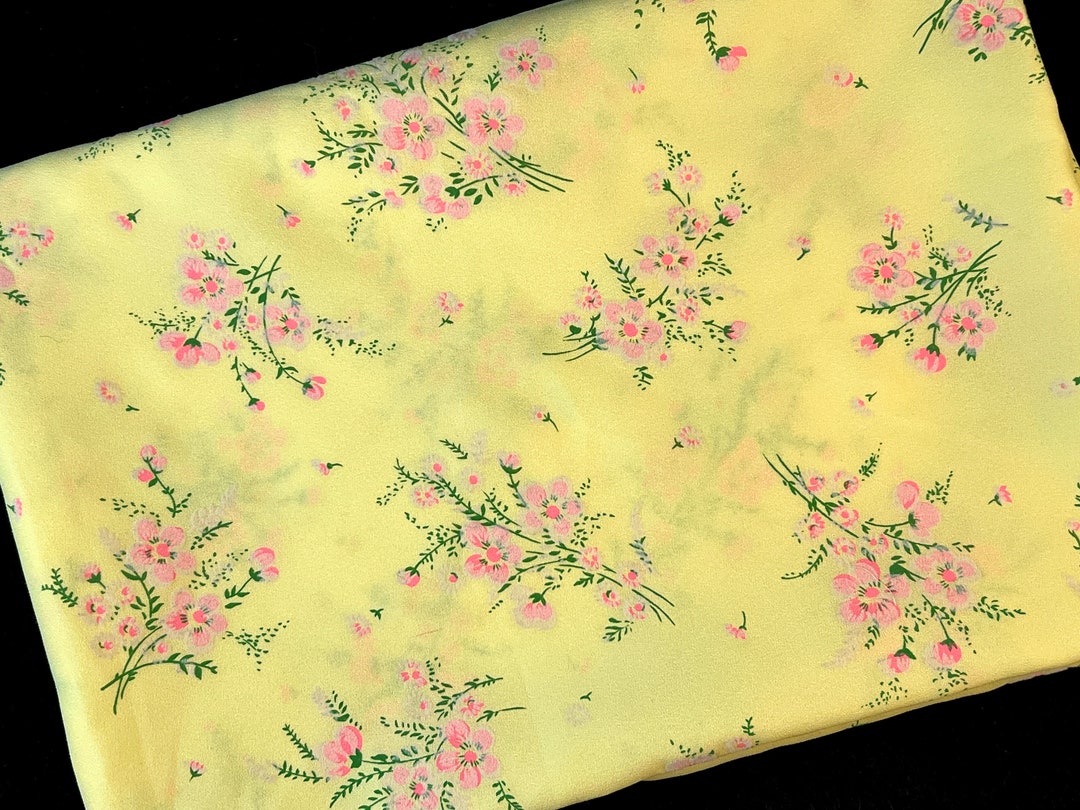 Vintage Flocked Fabric, Yellow Polyester Floral, Pink Fuzzy Flowers ...