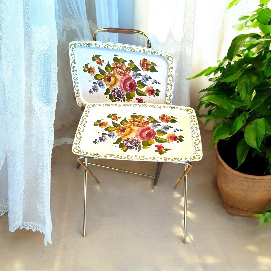 Vintage TV Trays, Pressed Metal Folding Tray Set With Holder, Floral ...