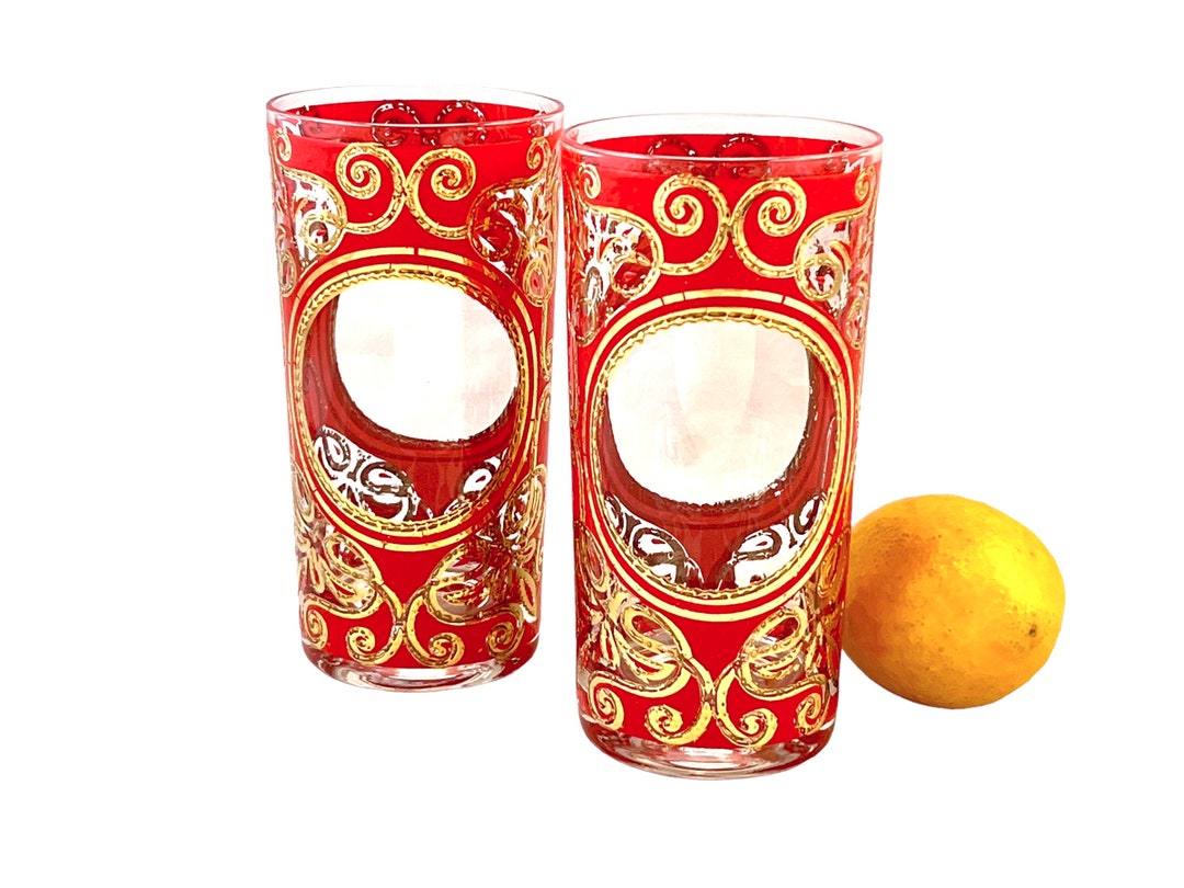 Vintage Culver Regal Scroll Highball Glasses, Pair of 22K Red and Gold ...