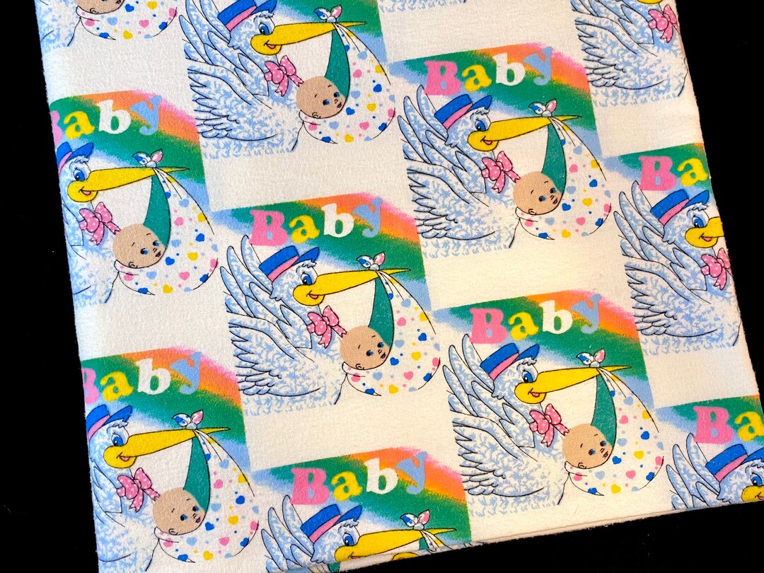 Vintage Flannel Fabric, Stork With Baby, Cute Anthropomorphic Print ...
