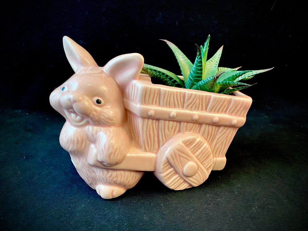 Vintage Bunny Planter, Rabbit Pulling Cart, Pink Ceramic Indoor Dish ...