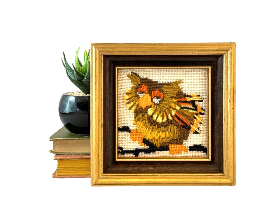 Vintage Owl Needlepoint, 1970's Crewel Picture, Completed Jiffy Harold ...