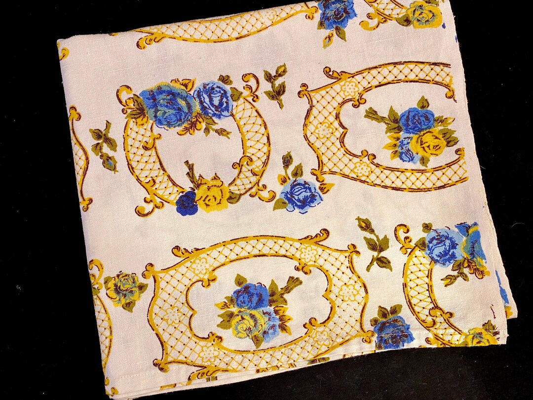 Vintage Tablecloth, Yellow and Blue Rose Floral Print, Roses, Flowers ...