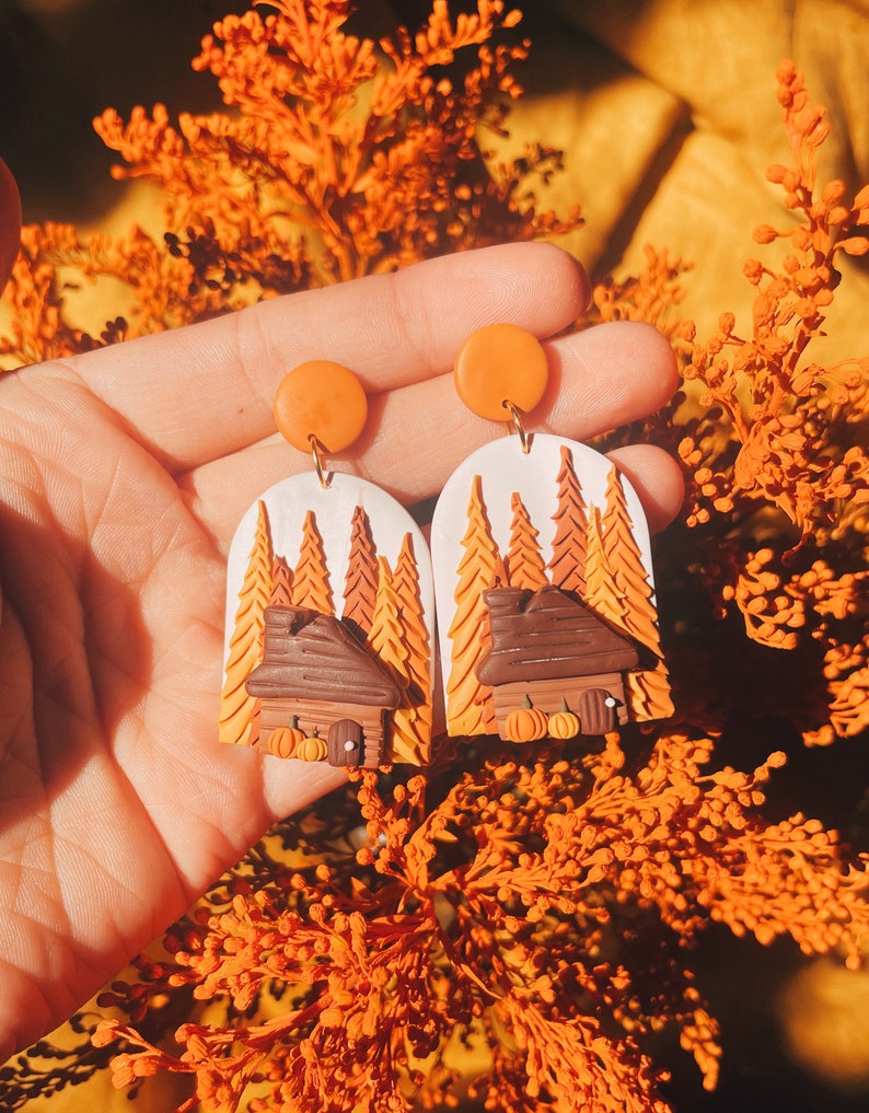 Fall Polymer Clay Earrings Cabin Forest Pumpkin Dangle - Etsy