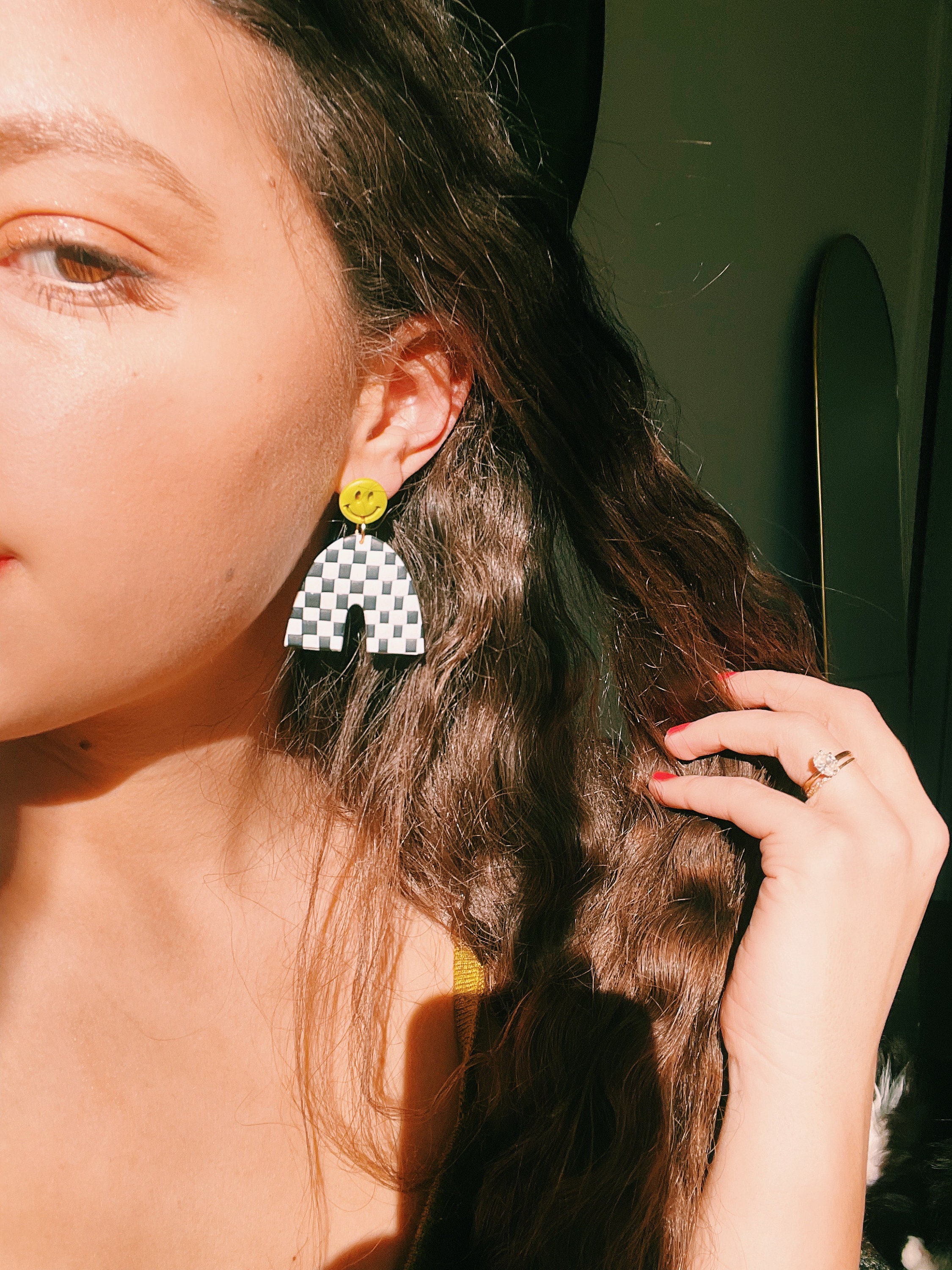 Smiley Face Checkered Arch Polymer Clay Earrings Spring Cute | Etsy Canada