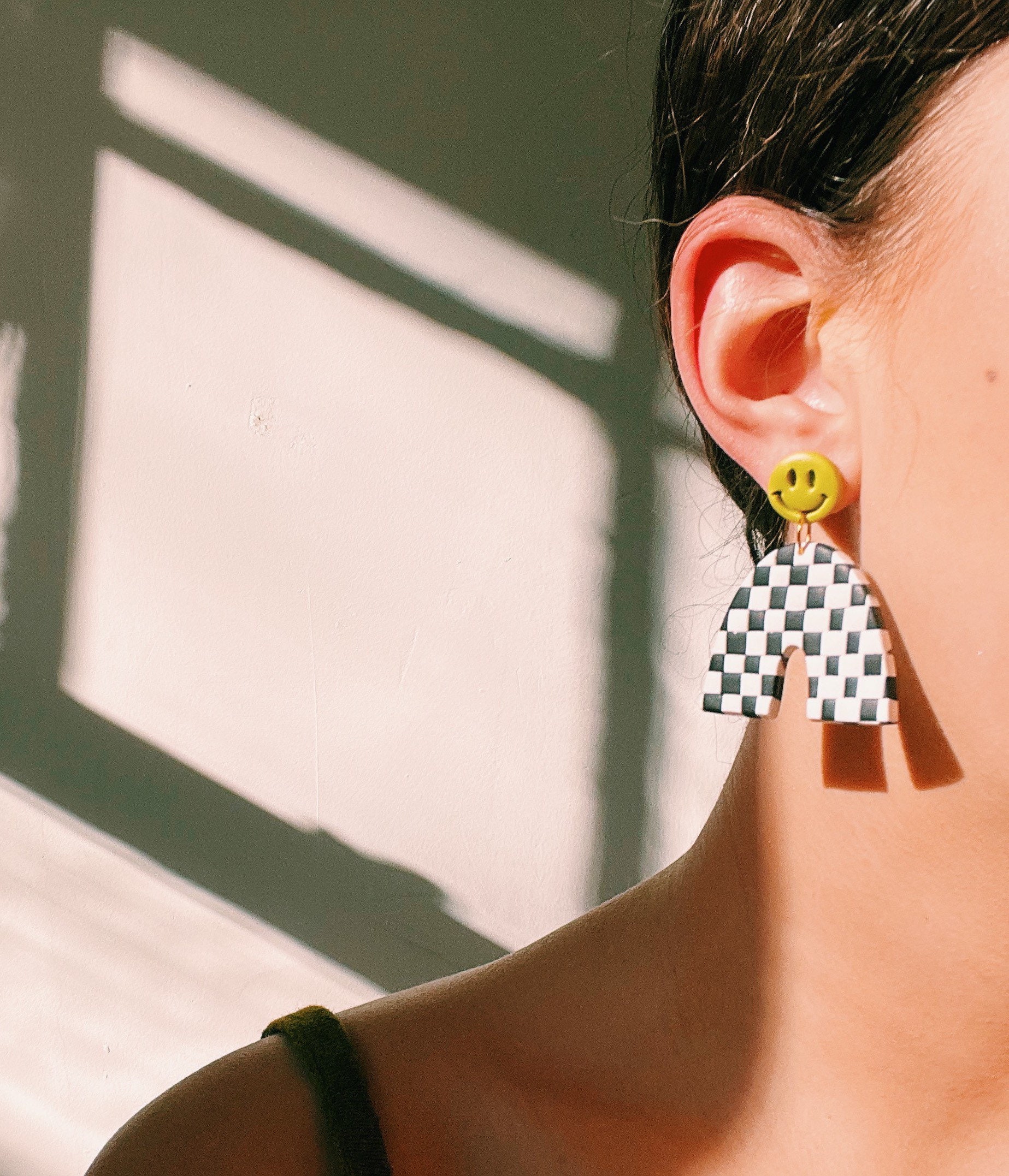 Smiley Face Checkered Arch Polymer Clay Earrings Spring Cute - Etsy