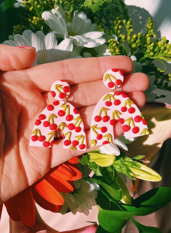 Cherry Fruit Polymer Clay Arch Earrings Spring Cute Clay Earrings Etsy