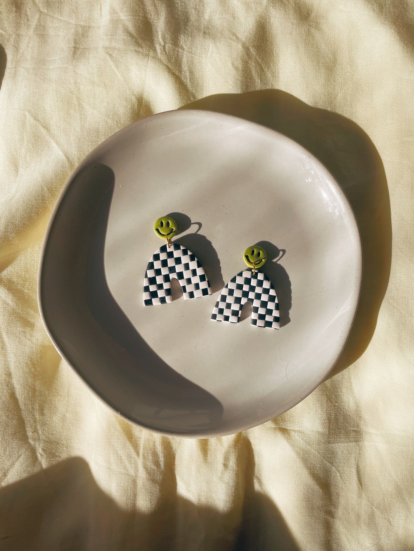 Smiley Face Checkered Arch Polymer Clay Earrings Spring Cute - Etsy
