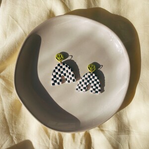 Smiley Face Checkered Arch Polymer Clay Earrings • Spring Cute Clay ...
