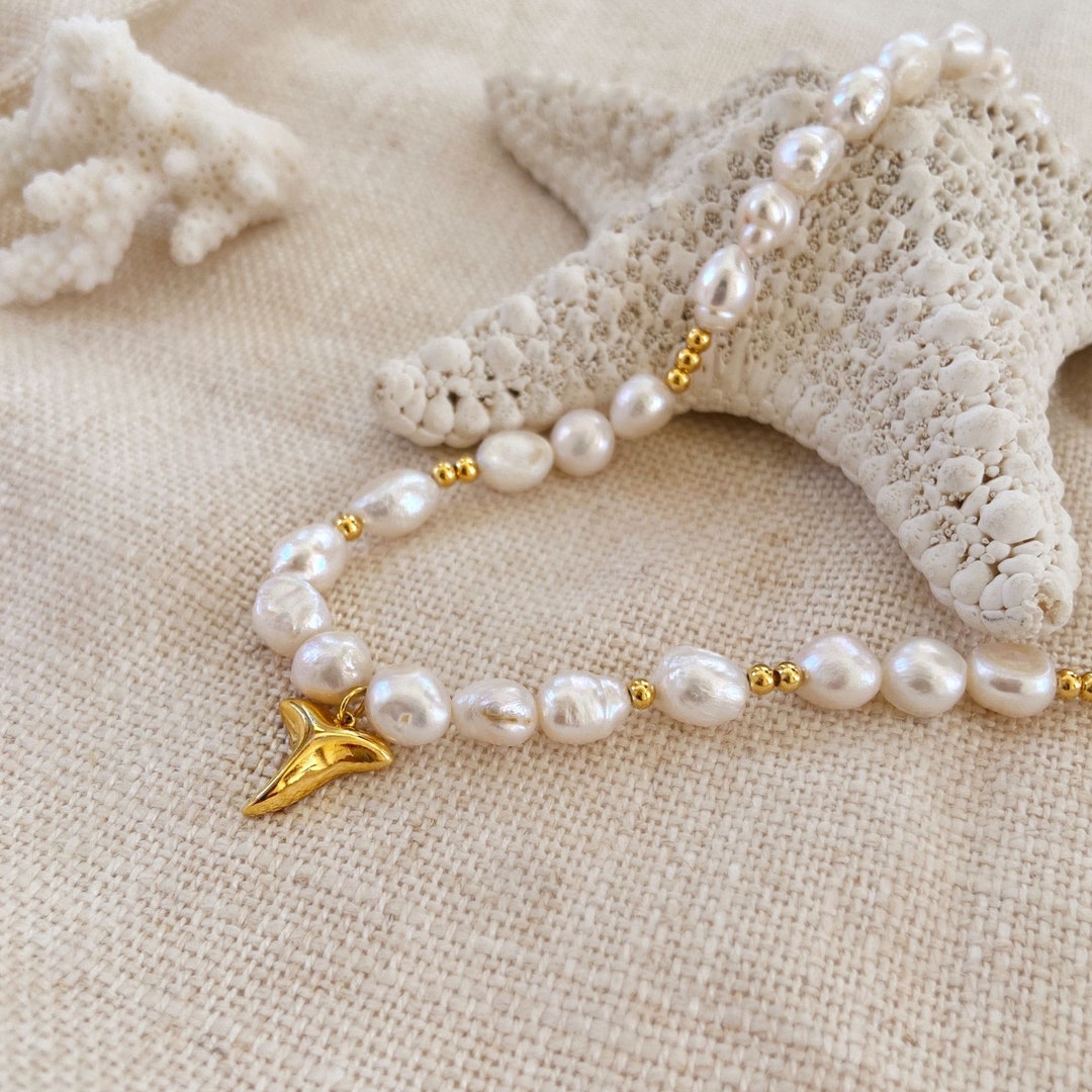 Shark Tooth Pearl Necklace • 18K Gold Plated • Baroque Freshwater ...