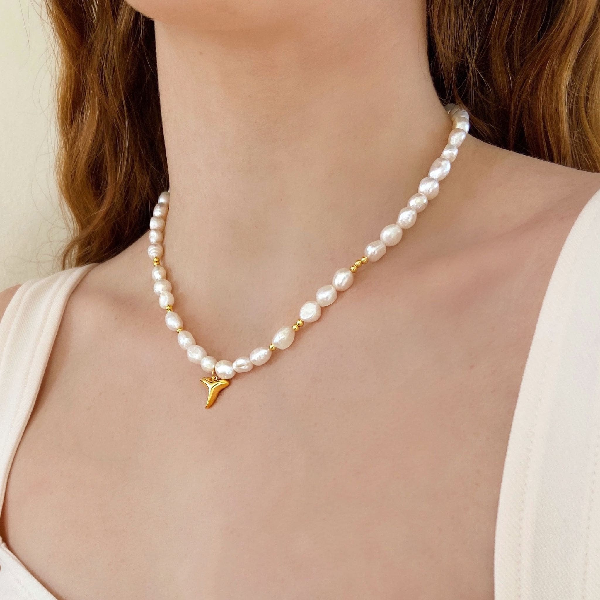 Shark Tooth Pearl Necklace • 18K Gold Plated • Baroque Freshwater ...