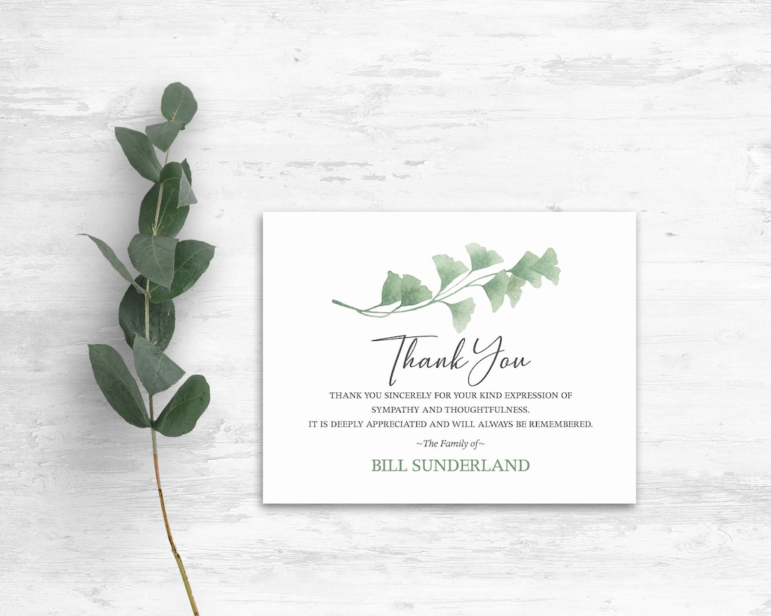 Funeral Thank You Acknowledgement Card Template Sympathy Bereavement ...
