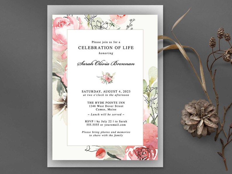 Pink Funeral Flowers Celebration of Life Invitation Template, Memorial ...