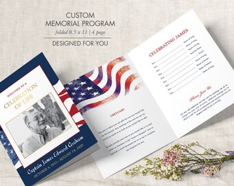 Military Patriotic American Flag Editable Funeral Program Template in ...