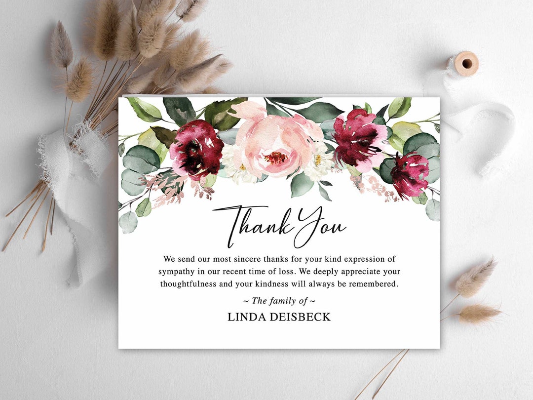 Funeral Acknowledgement Card Template Sympathy Thank You Note Funeral ...