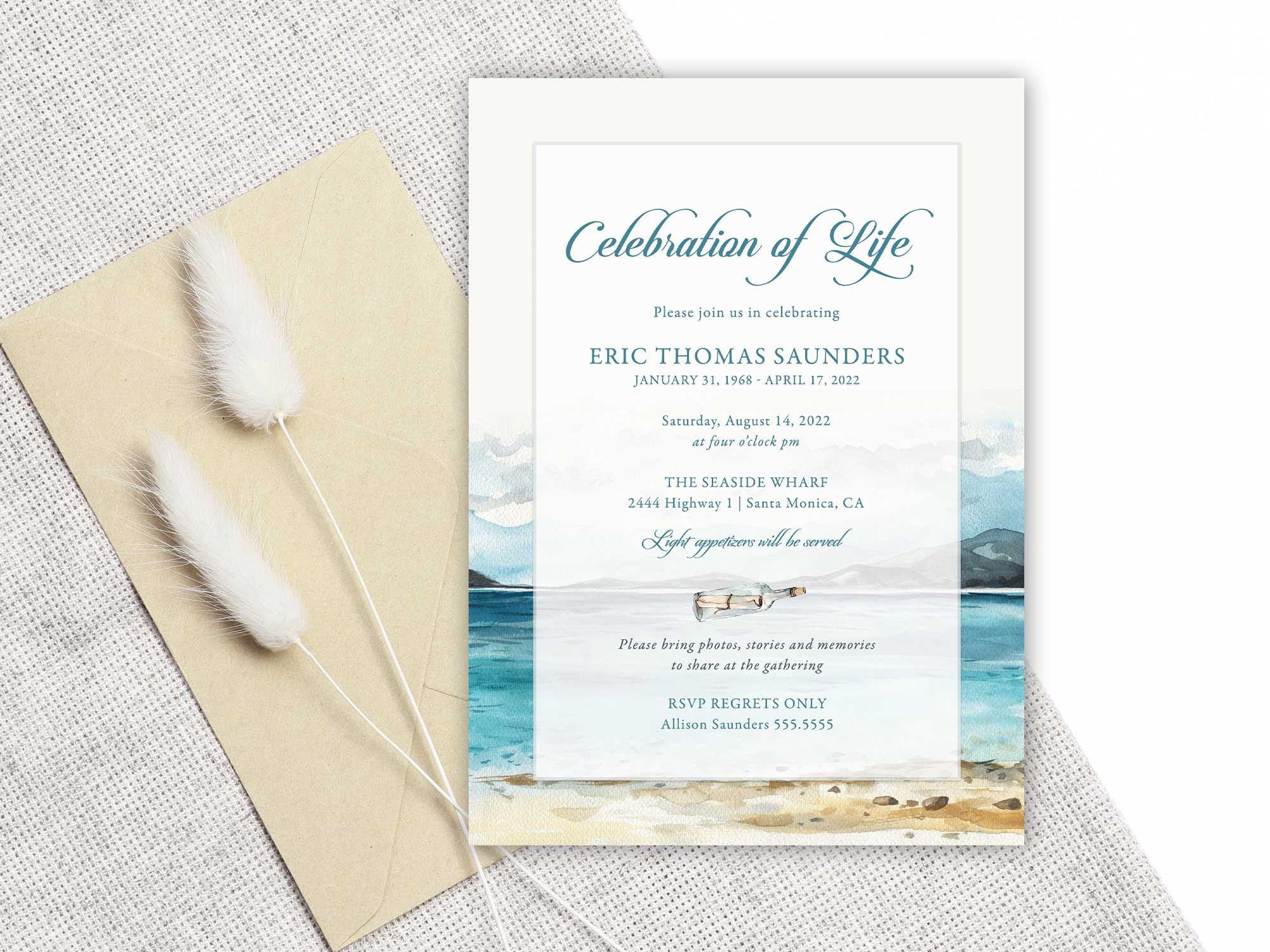 Beach Celebration of Life Invitation Template, Memorial Service ...